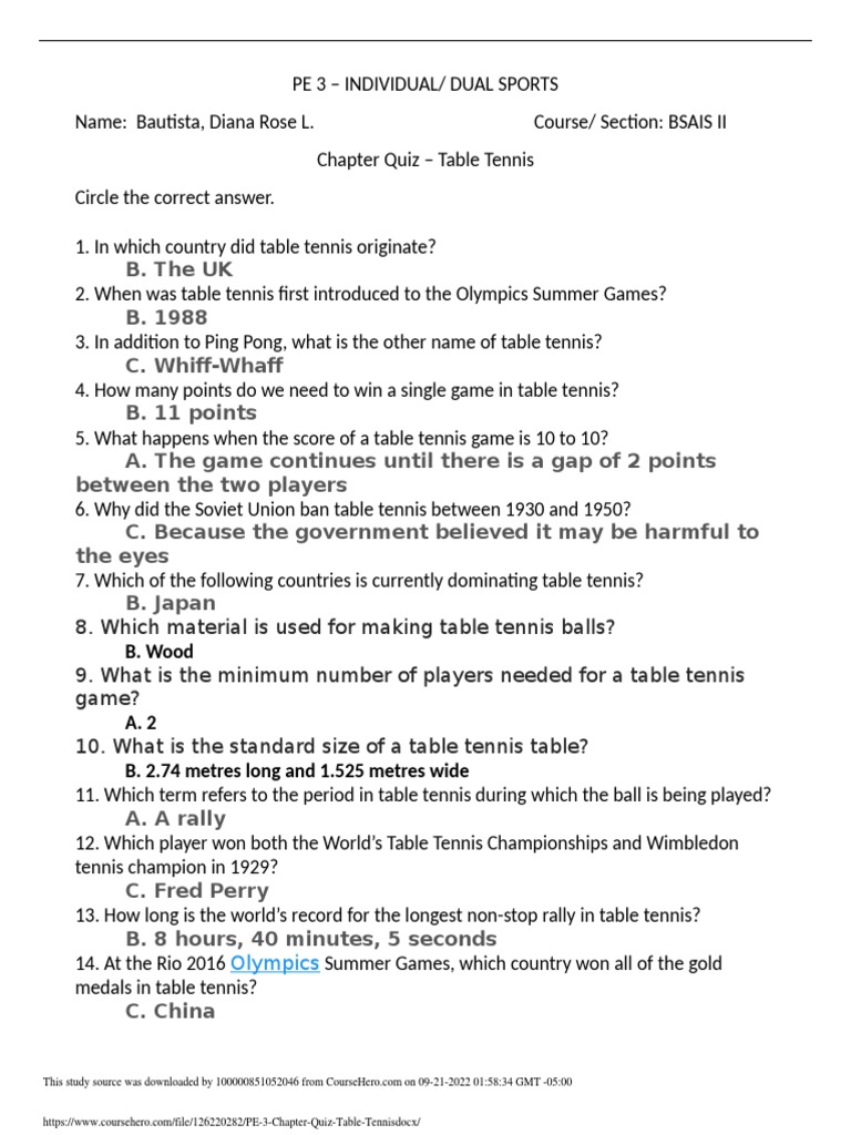 PE 3 Chapter Quiz Table Tennis | PDF | Table Tennis | Sports Equipment