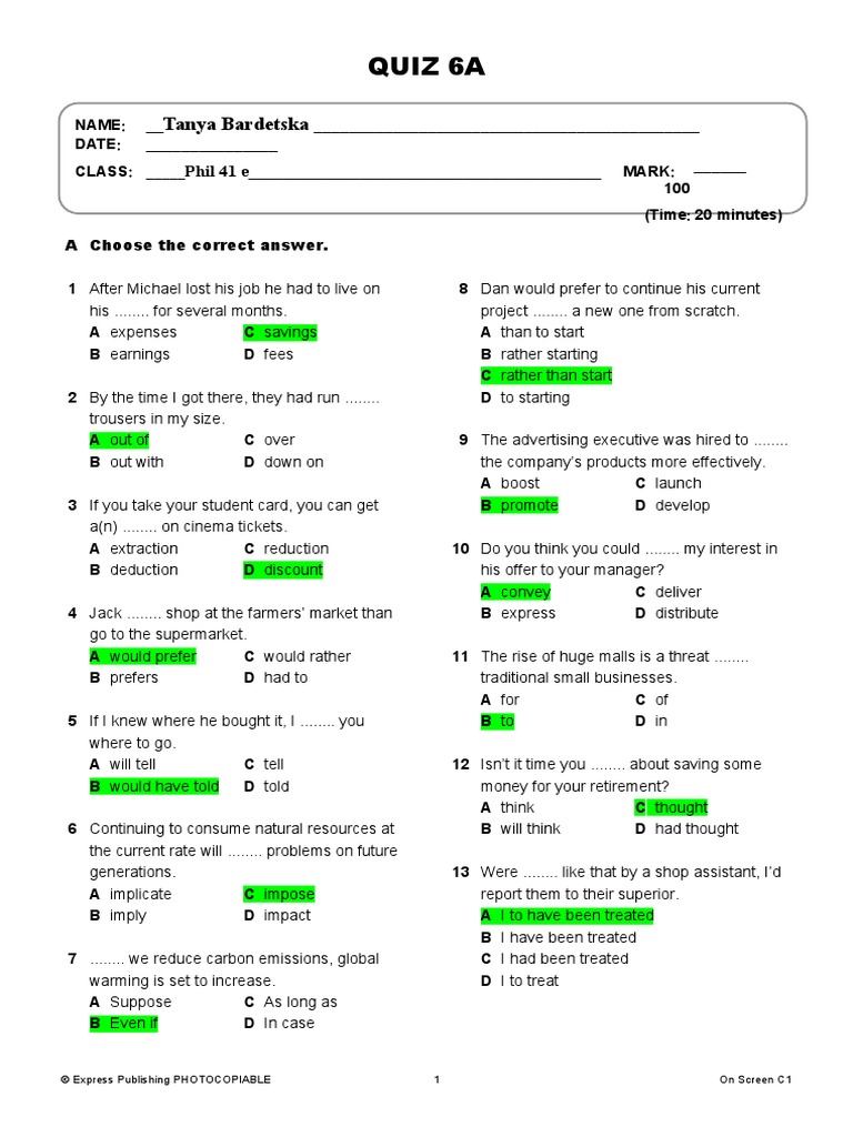 11 OnScreen C1 Quiz 6A | PDF | Economies