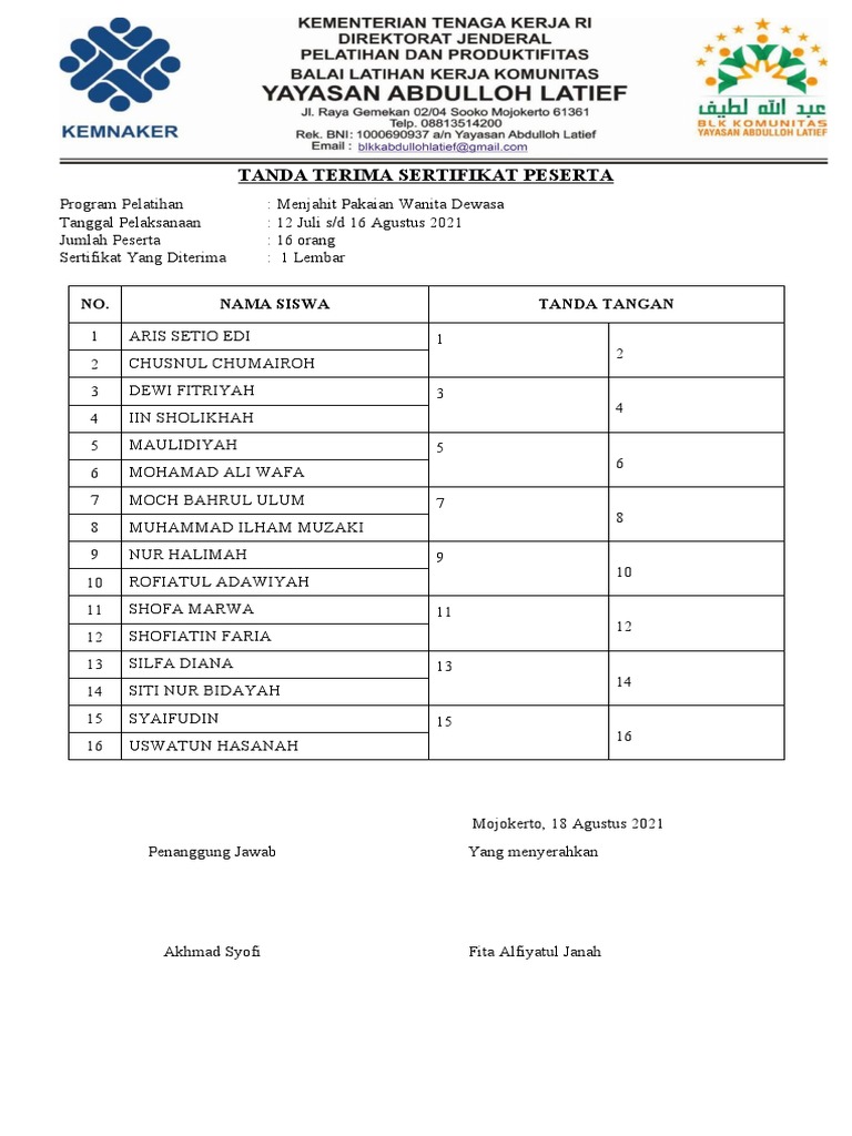 Tanda Terima Sertifikat Peserta | PDF