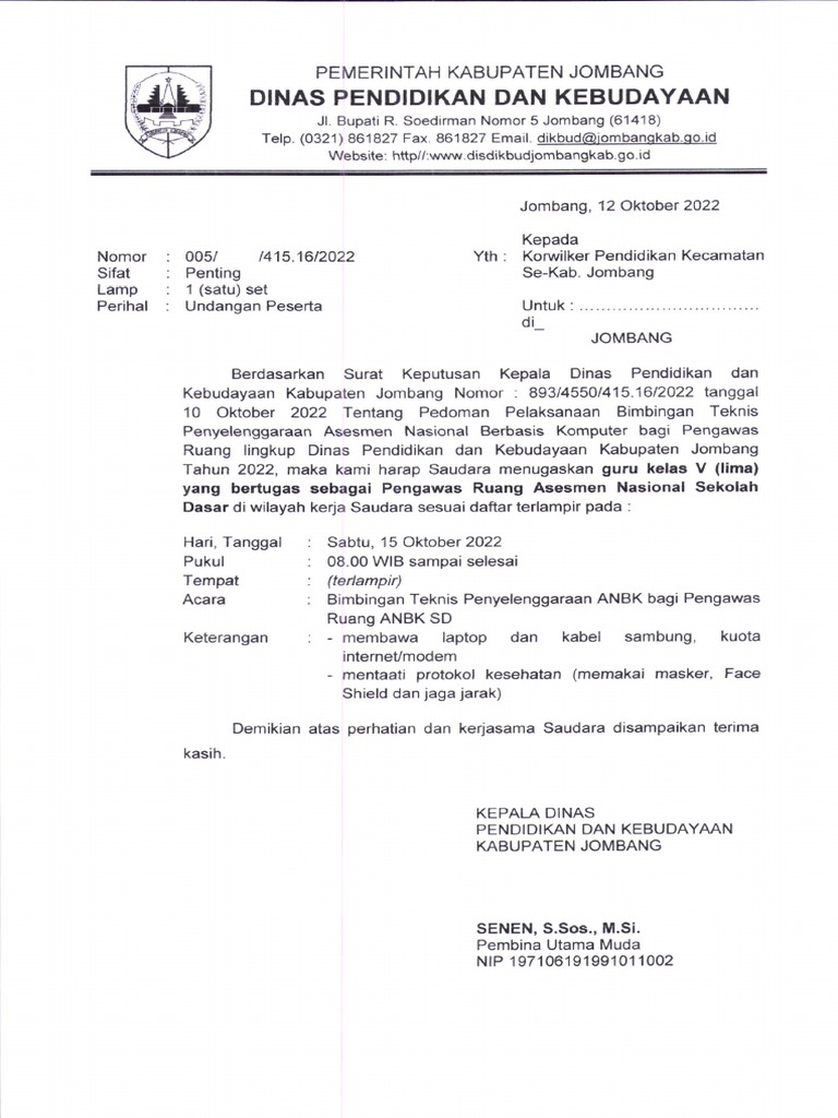 Undangan Bimtek Pengawas Ruang ANBK - (Sabtu) | PDF