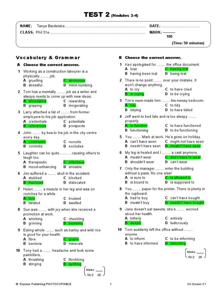 20 OnScreen C1 Test 2 | PDF | Diet (Nutrition) | Diet & Nutrition