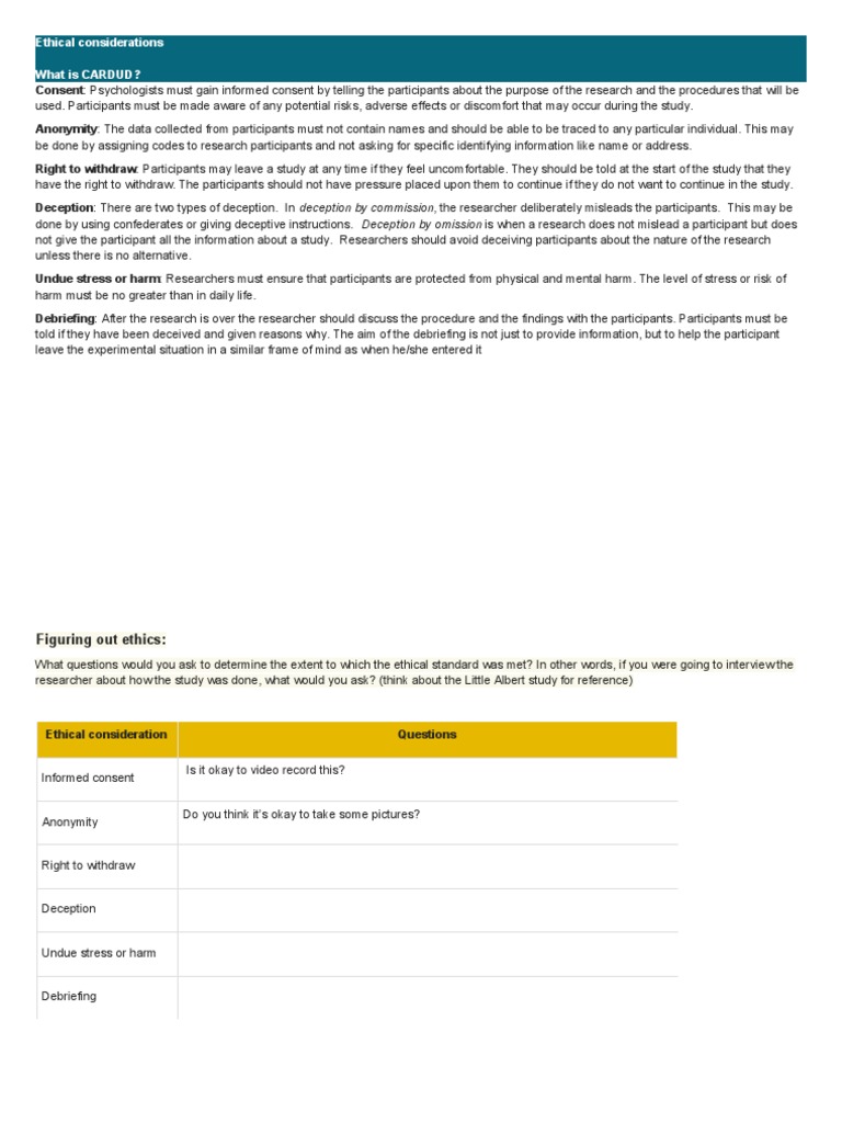 Ethical Considerations Worksheet | PDF