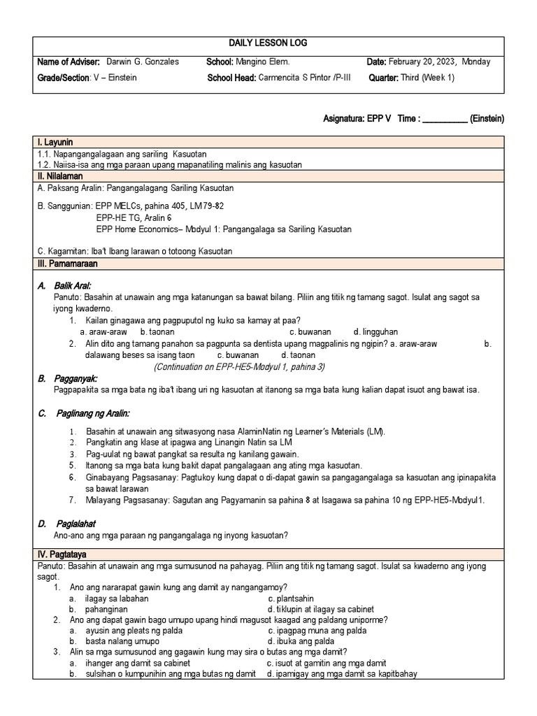 Grade 5-DLL-Q3-W1-EPP-HE-MELC-Based | PDF