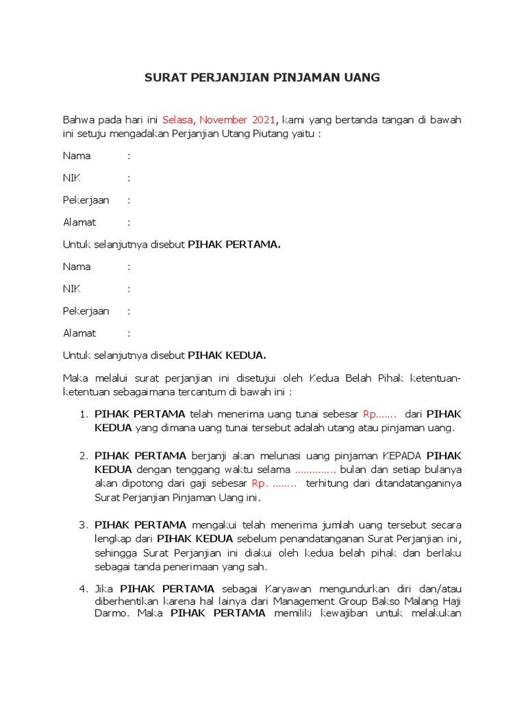 Contoh Surat Perjanjian Pinjaman Uang | PDF