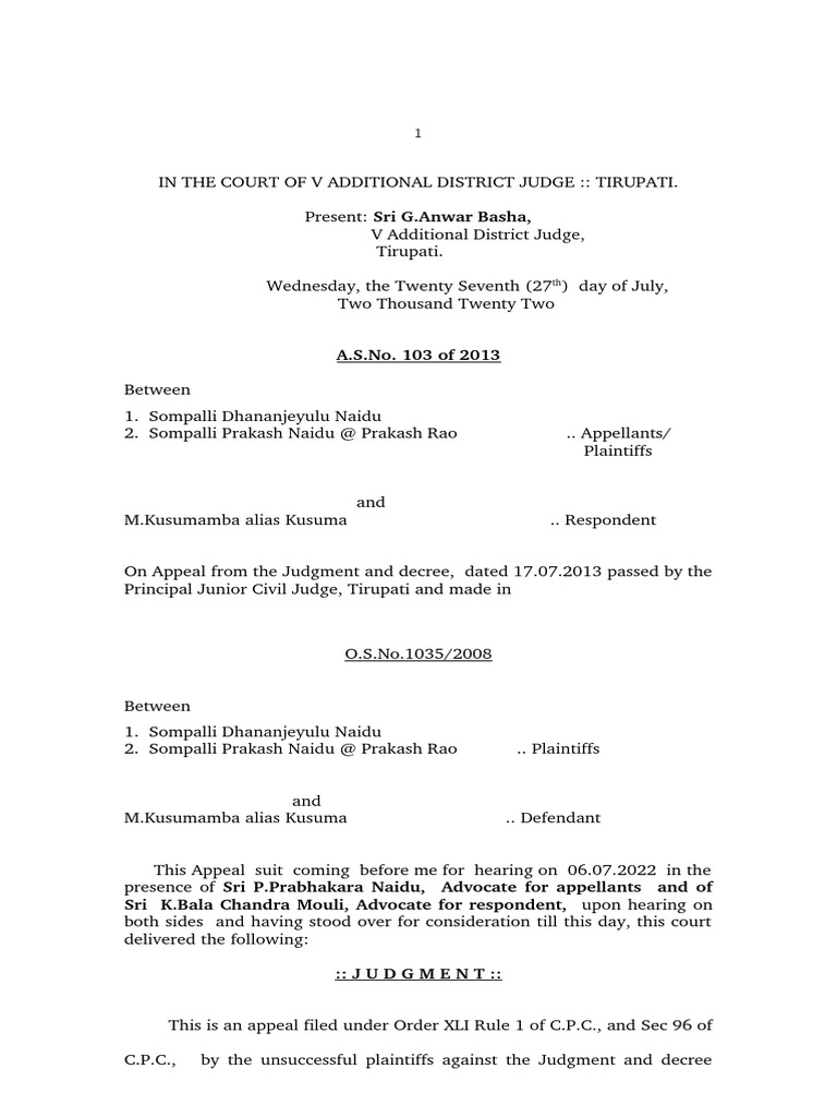 Judgment on an Appeal Regarding a Suit for Specific Performance of an ...