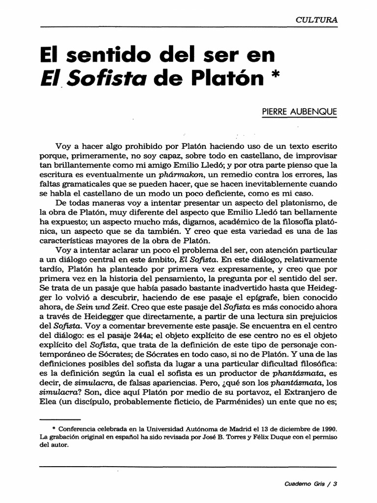 Aubenque, P. - El Sentido Del Ser en EL Sofista de Platón | PDF | Verdad | Martin Heidegger