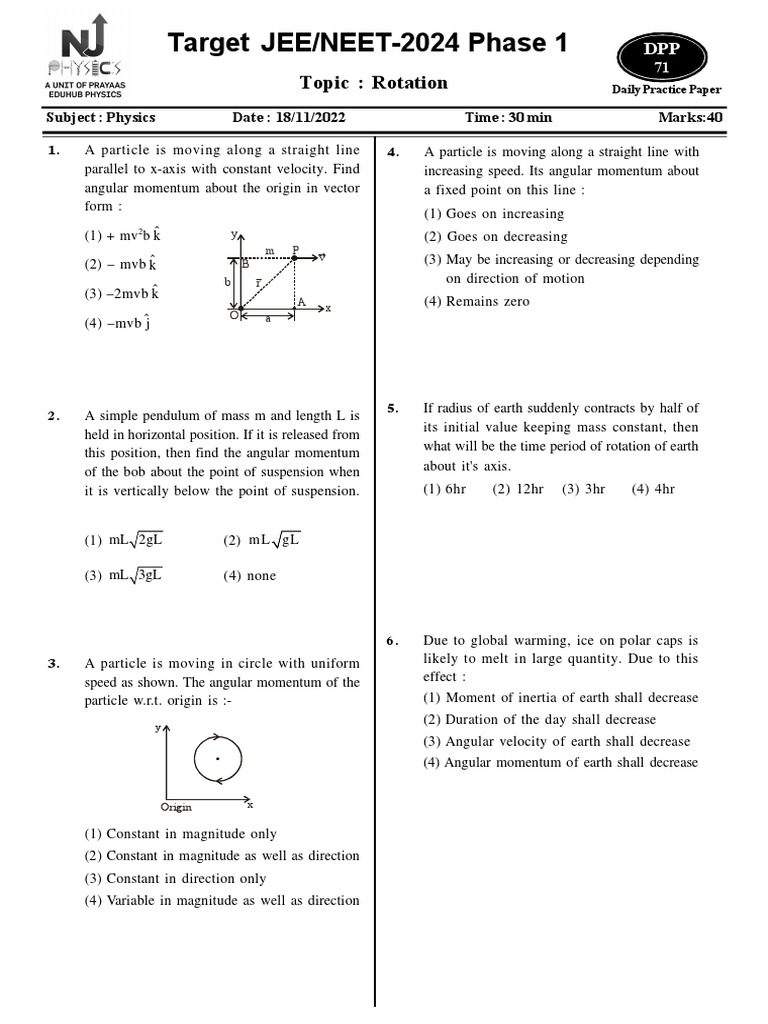 JEE/NEET 2024 Physics Rotation DPP | PDF | Angular Momentum | Rotation ...