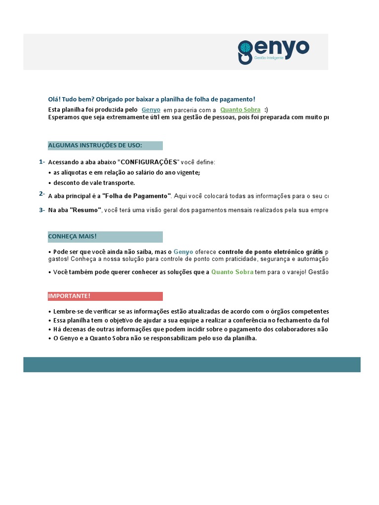 Planilha+de+Folha+de+Pagamento+ +Genyo+e+QuantoSobra.com.Br | PDF ...