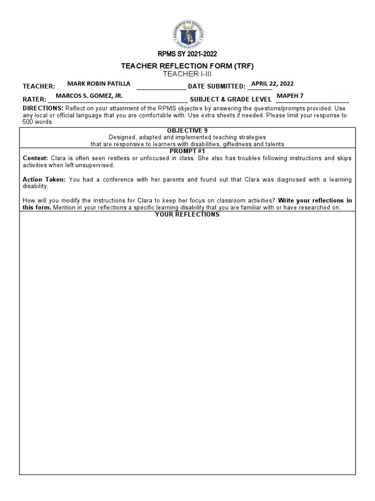 Teacher Reflection Form (TRF) : Mark Robin Patilla Marcos S. Gomez, Jr ...