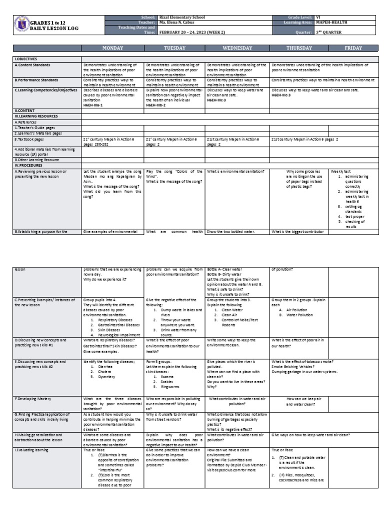 DLL - Mapeh-Health 6 - Q3 - W2 | PDF | Sanitation | Water