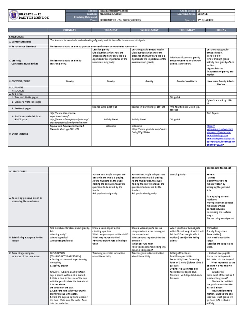 Rizal Elementary Learners Grasp Gravity's Effect on Motion | PDF | Gravity | Differentiated ...