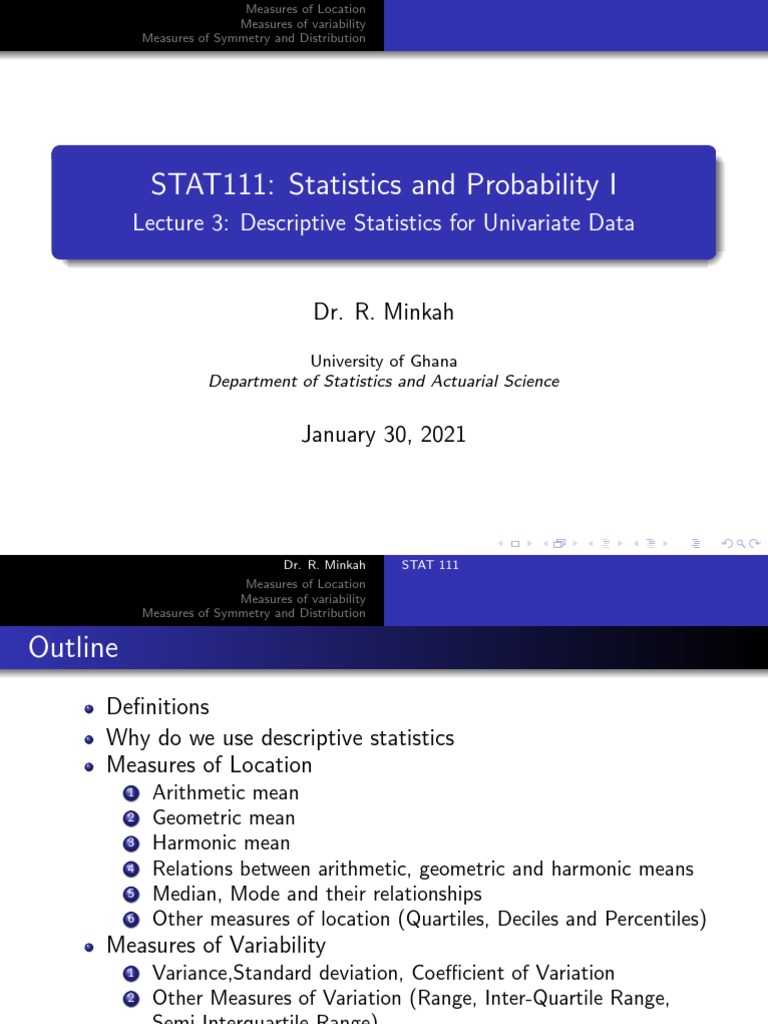 Stat111 Lecture III-1 | PDF | Mean | Skewness