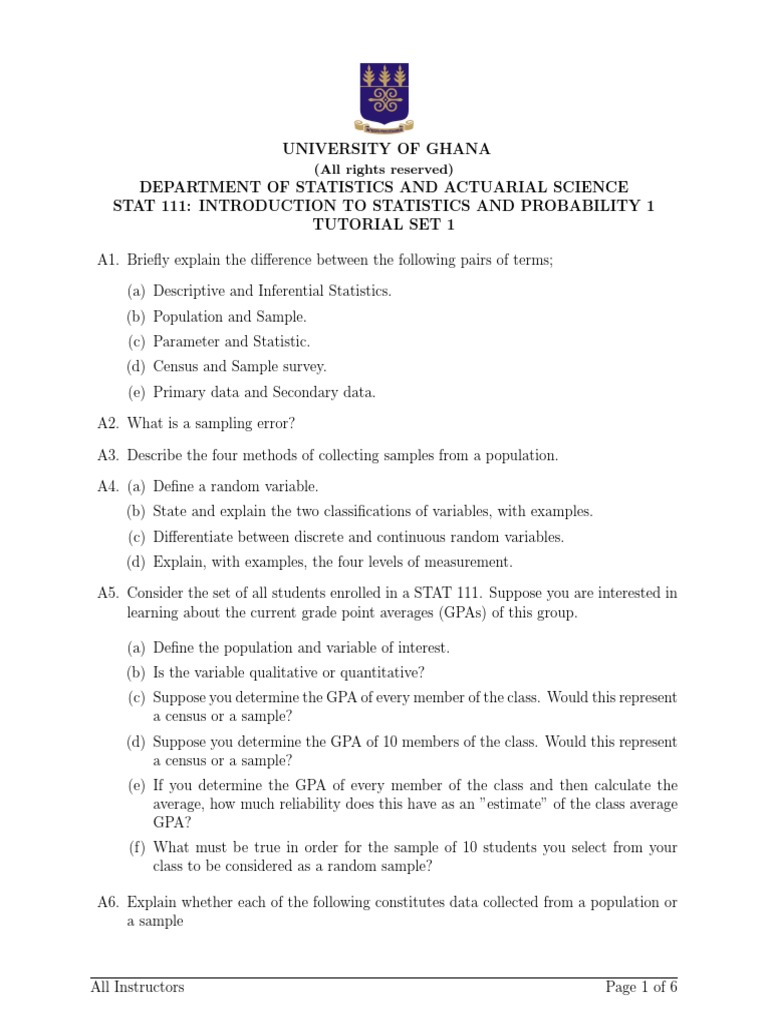 Stat 111 Tutorial Set 1 | Download Free PDF | Statistics | Sampling (Statistics)