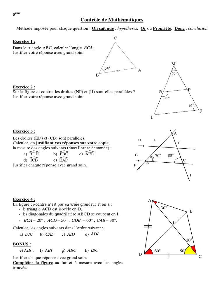 Contrôle de Maths : Angles et Triangles 5ème | PDF | Triangle | Formes ...