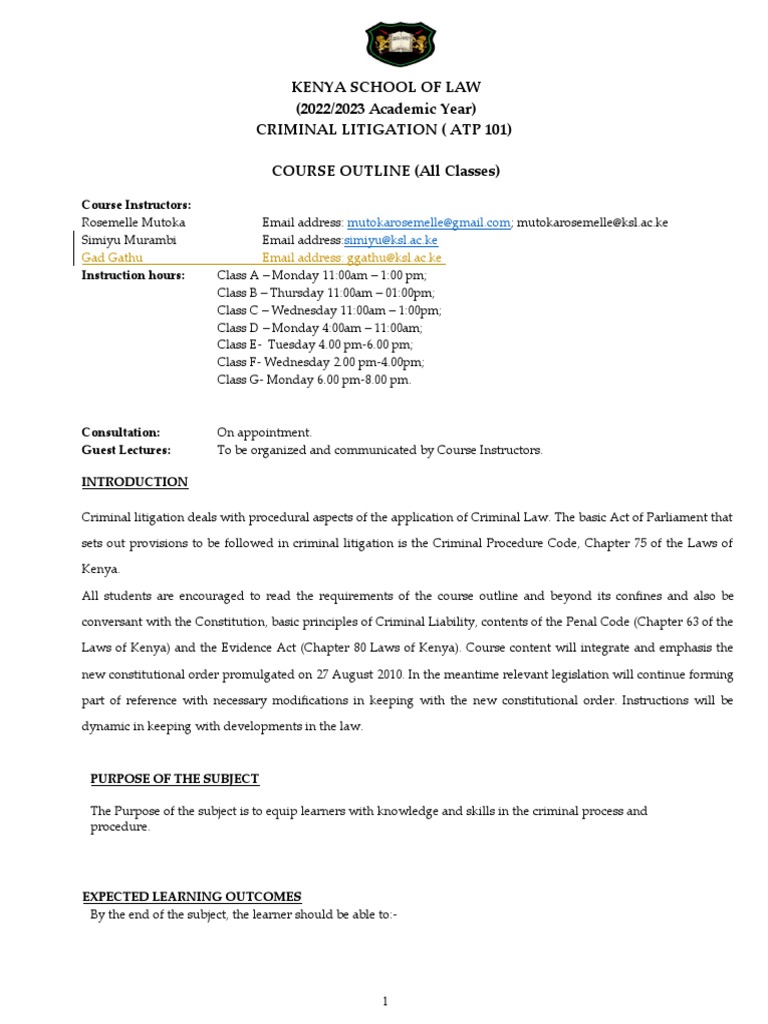 ATP 101 Criminal Litigation Course Outline-2023 - 2024 | PDF | Bail | Plea