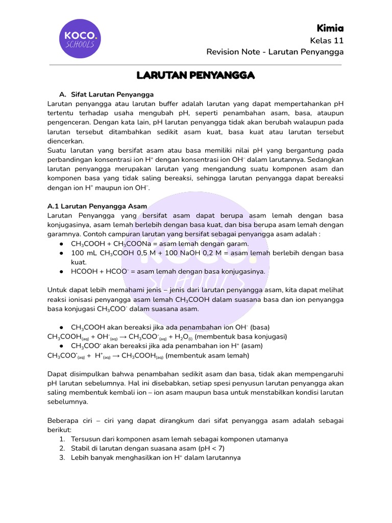 Revision Note - Kimia Kelas 11 - Larutan Penyangga | PDF