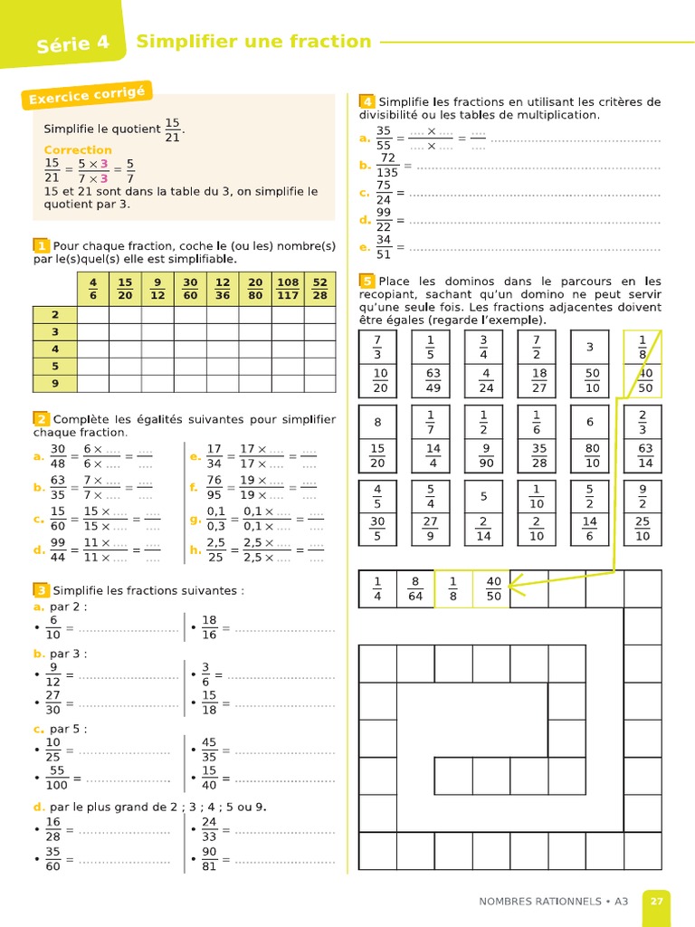 Cahier - 2021 - 5e - Simplification de Fractions | PDF