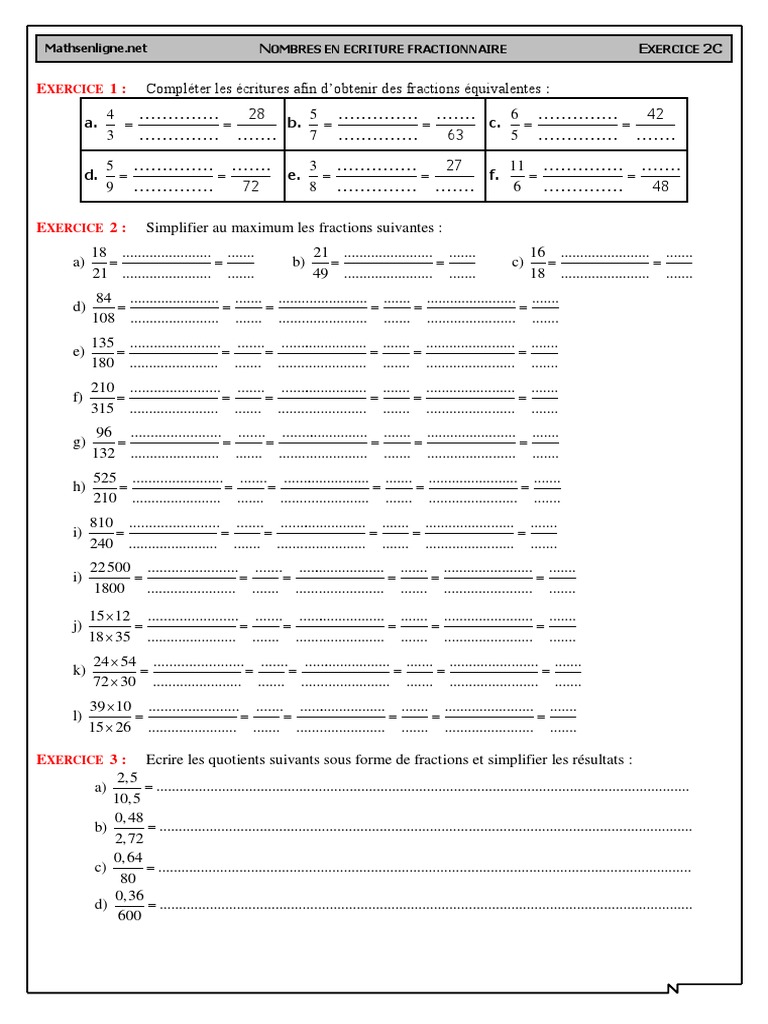 Chap 05 - Exercices 2C - Simplifications de Fractions - CORRIGE | PDF ...
