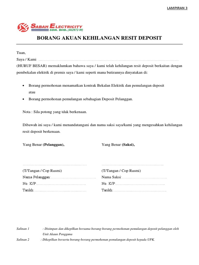 Borang Akuan Kehilangan Resit Deposit | PDF