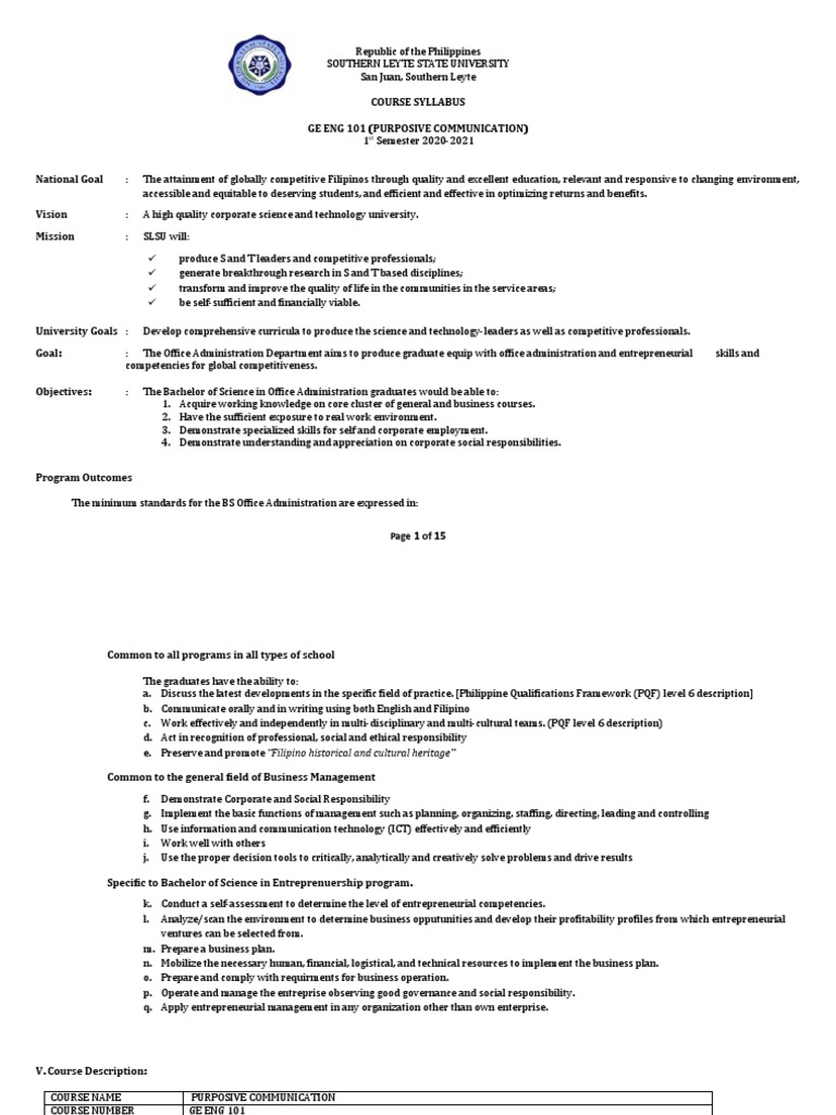 SLSU Course Syllabus for Purposive Communication | PDF | Communication ...