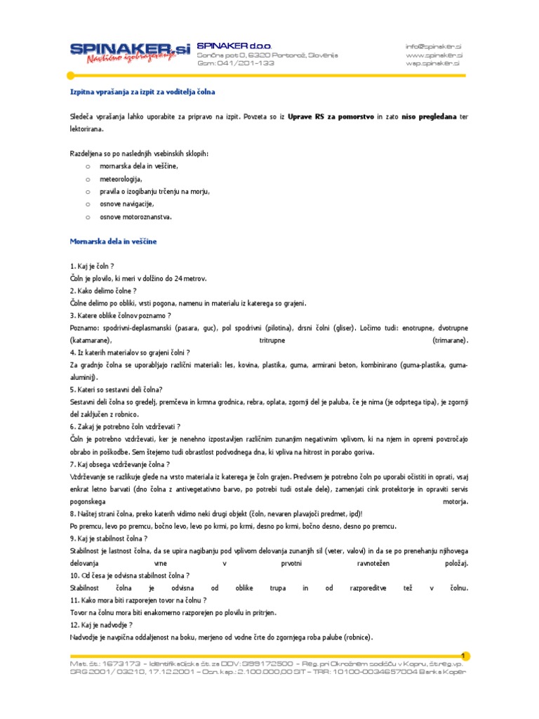 Izpitna Vprasanja Voditelj Colna | PDF