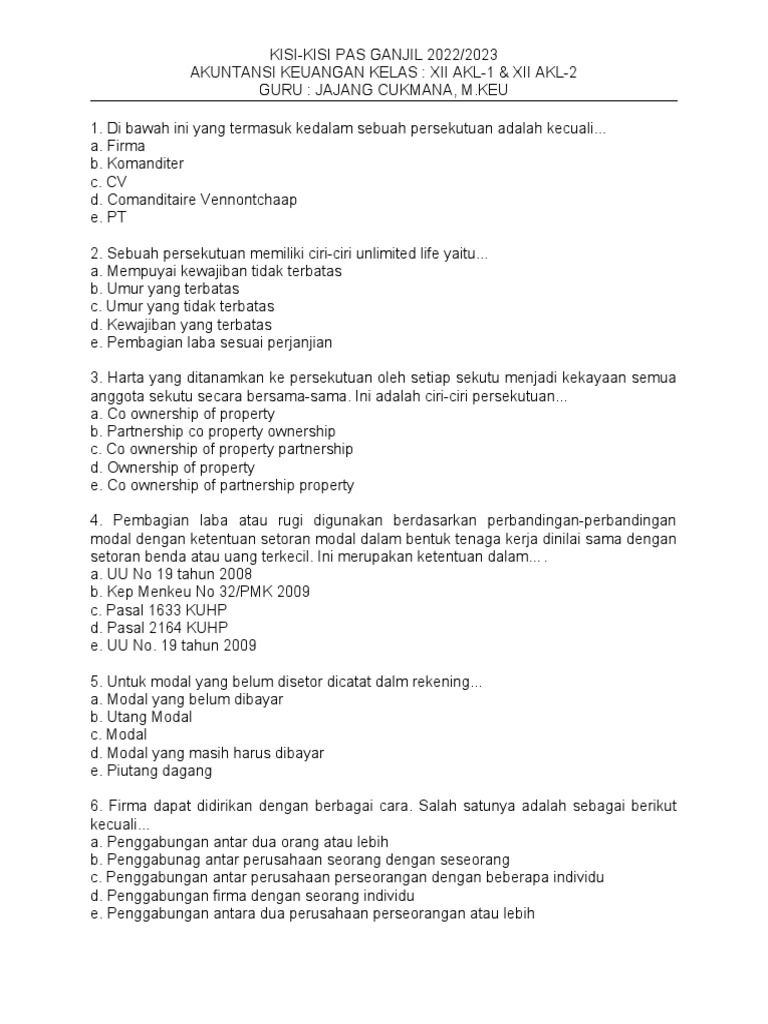2022 Kisi-Kisi Pas Ganjil Akt Keu Xii Akl-1 & Xii Akl-2 | PDF | Pengelolaan Keuangan & Uang | Hukum