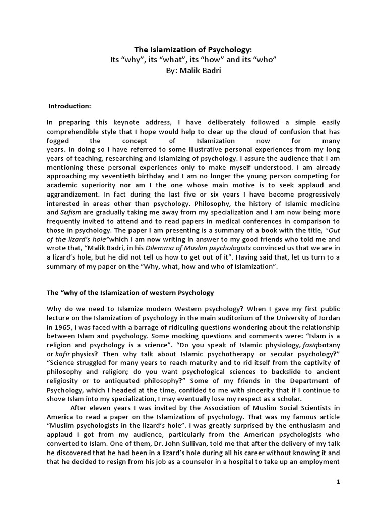 Malik-Badri-_-The-Islamization-of-Psychology | PDF | Psychology | Science