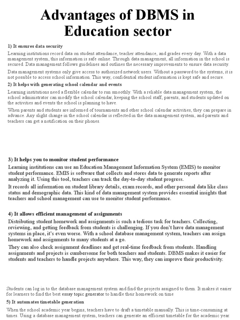 Advantages of DBMS in Education Sector | PDF | Databases | Schools