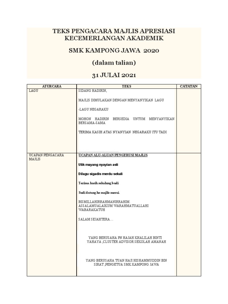 Teks Pengacara Majlis Apresiasi Kecemerlangan Akademik | PDF Teks Pengacara Majlis Apresiasi Kecemerlangan Akademik | PDF