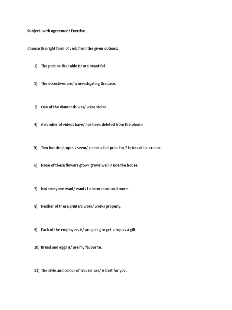 Subject - Verb Agreement Exercise | PDF