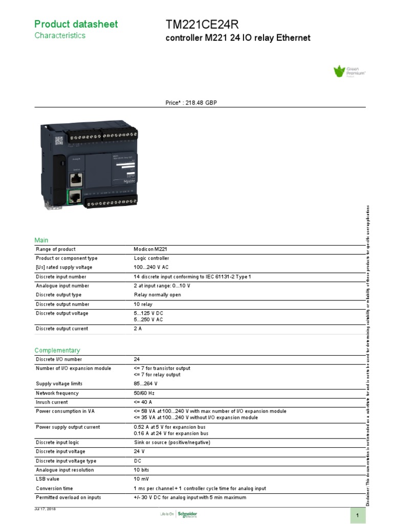 Logic Controller - Modicon M221 - TM221CE24R | PDF | Usb | Power Supply