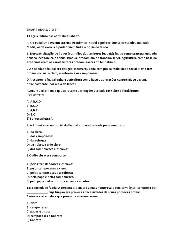 Emaf 7 Ano 1 | PDF | Feudalismo | Nobreza