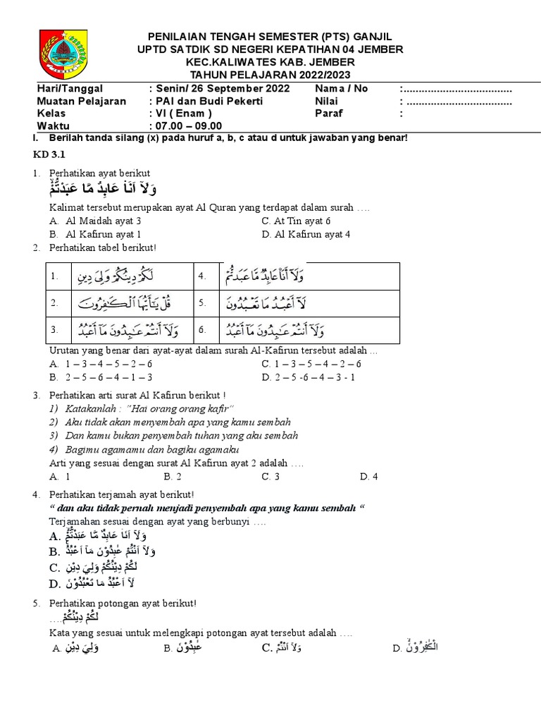 Soal Pts Pai Kls 6 2022 SMT 1 Fix | PDF