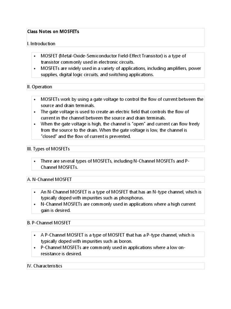 Class Notes For MOSFETS | PDF | Mosfet | Field Effect Transistor