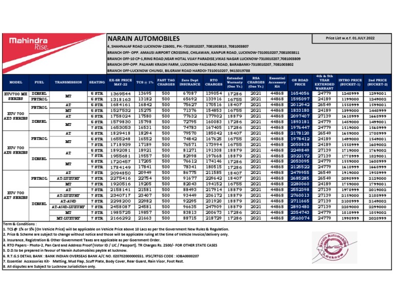 Xuv 700 Price List July-2022 | PDF | Land Vehicles | Transport
