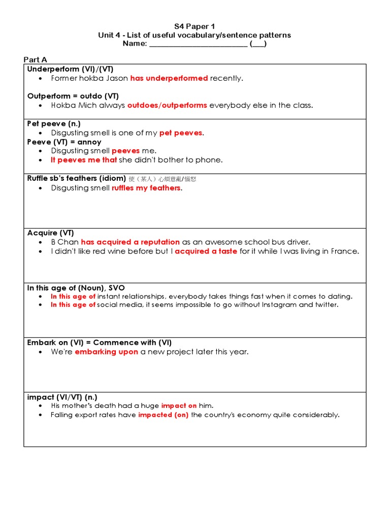 S4 Paper 1 - U4 Vocab | PDF | Linguistics