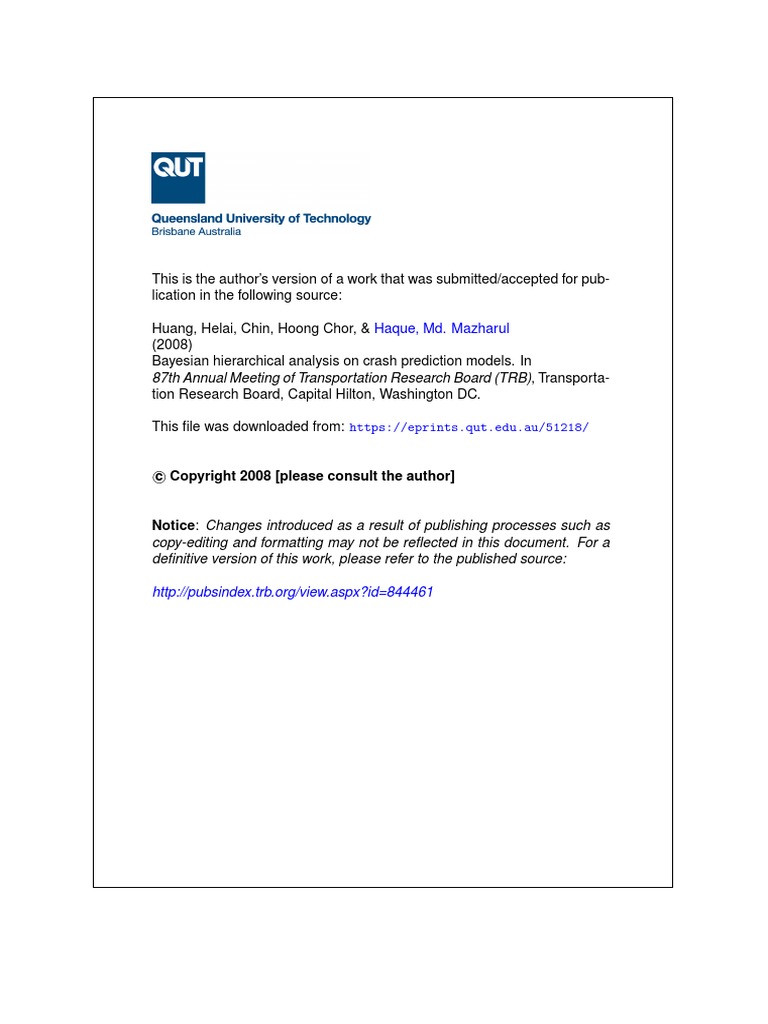 Bayesian Hierarchical Analysis On Crash Prediction Models Pdf Multilevel Model Statistical