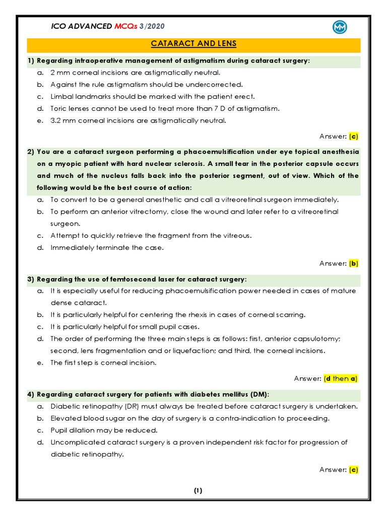 ICO Advanced 115 MCQs 2015-2019 | PDF | Glaucoma | Cornea