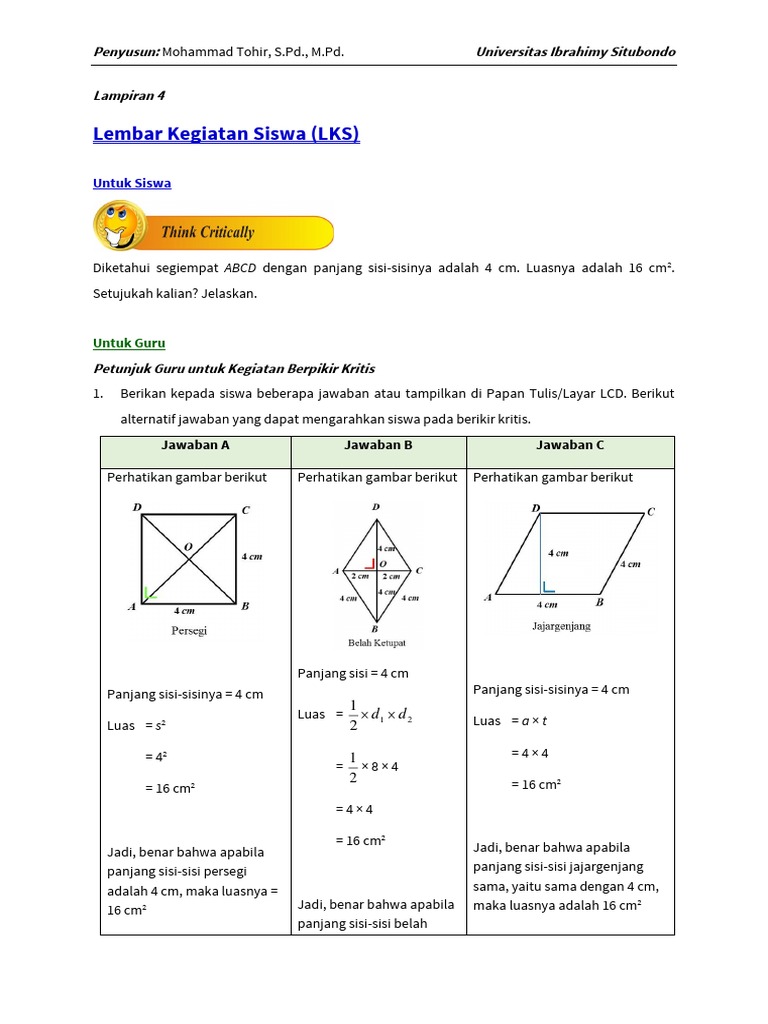 LKPD 4 Untuk Guru_Keliling dan Luas Segiempat | PDF