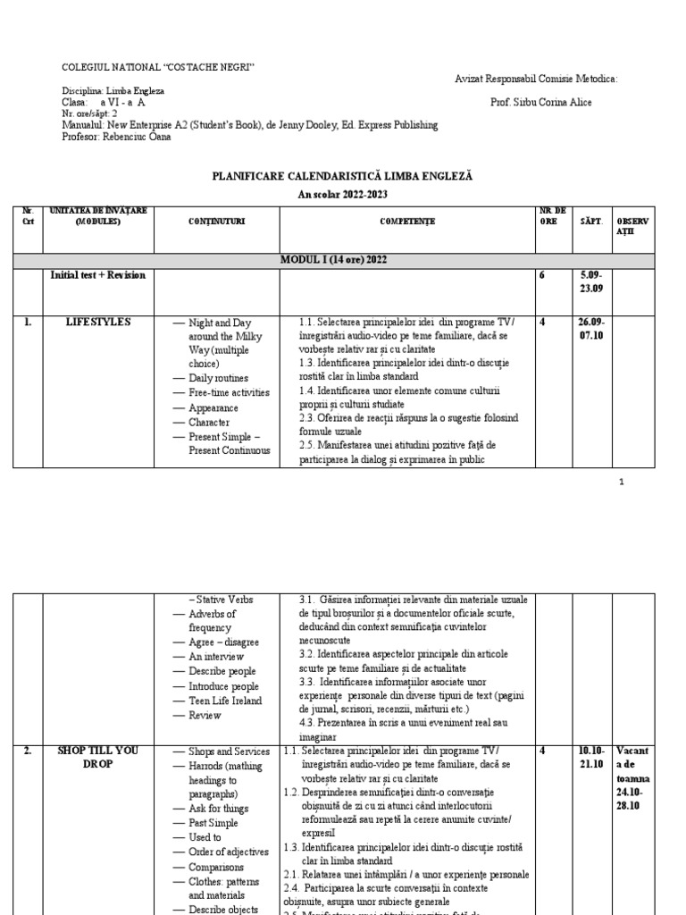 Planificare-calendaristica-NEW-ENTERPRISE-A2 - 2022-2023 | PDF
