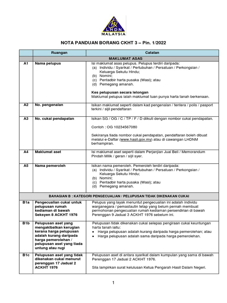 PANDUAN MENGISI BORANG CKHT3 Pin1 2022 | PDF