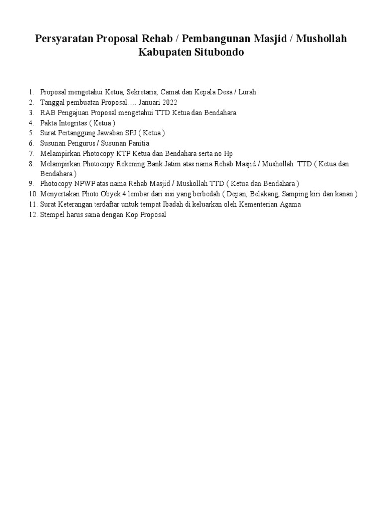 Proposal Rehab Masjid Situbondo | PDF