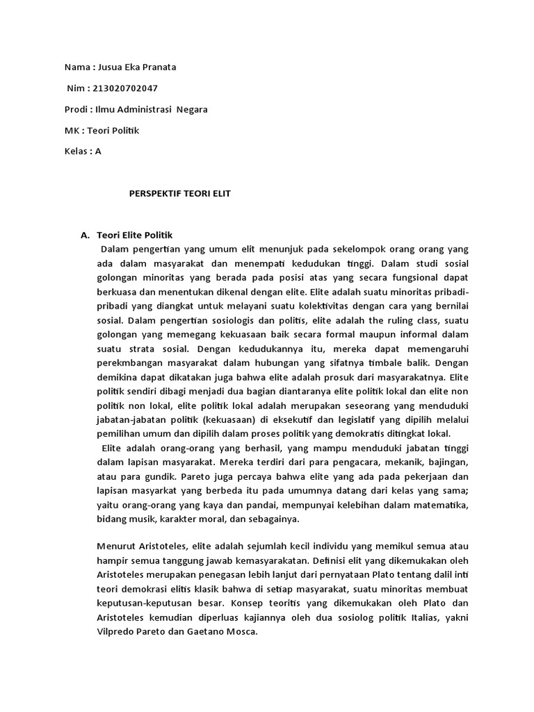 Perspektif Teori Elite Politik | PDF
