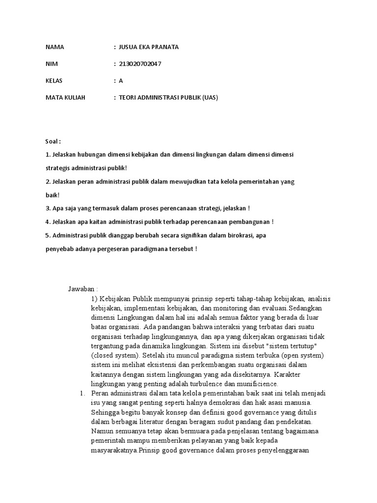Uas Teori Administrasi Publik Jusua Eka Pranata | PDF