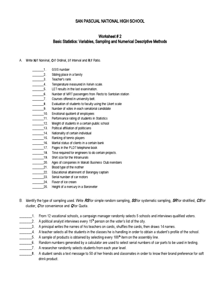 Worksheet 1 - Basics of Statistics | PDF | Sampling (Statistics ...