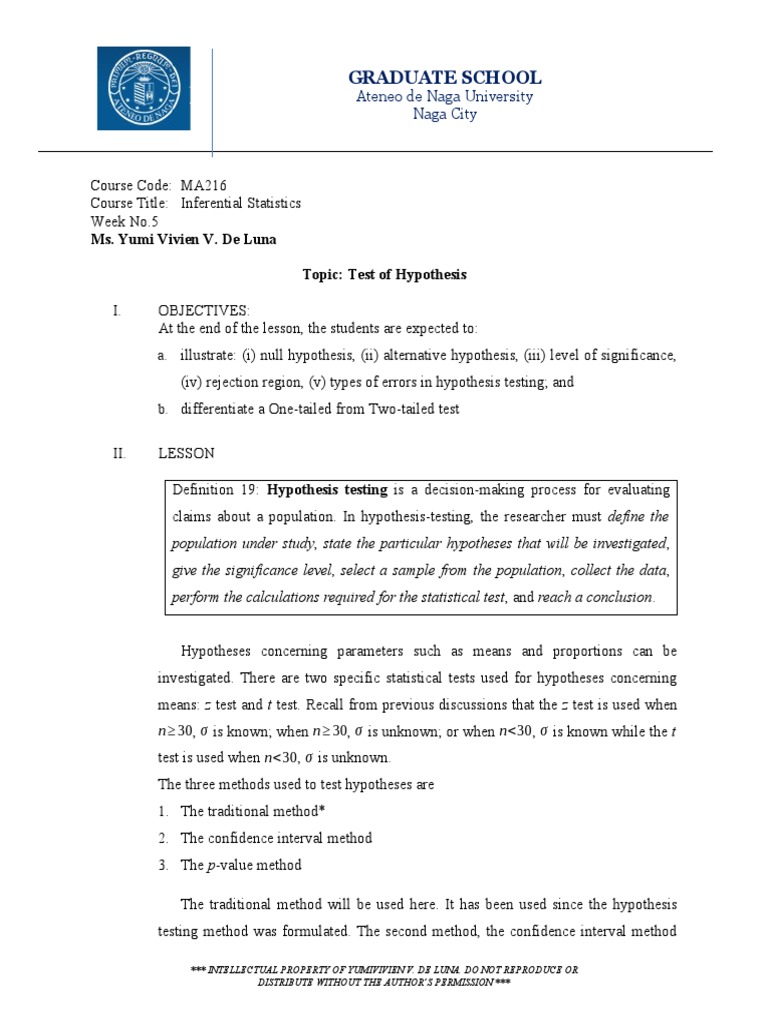 Module On Test Of Hypothesis Pdf Statistical Hypothesis Testing Type I And Type Ii Errors