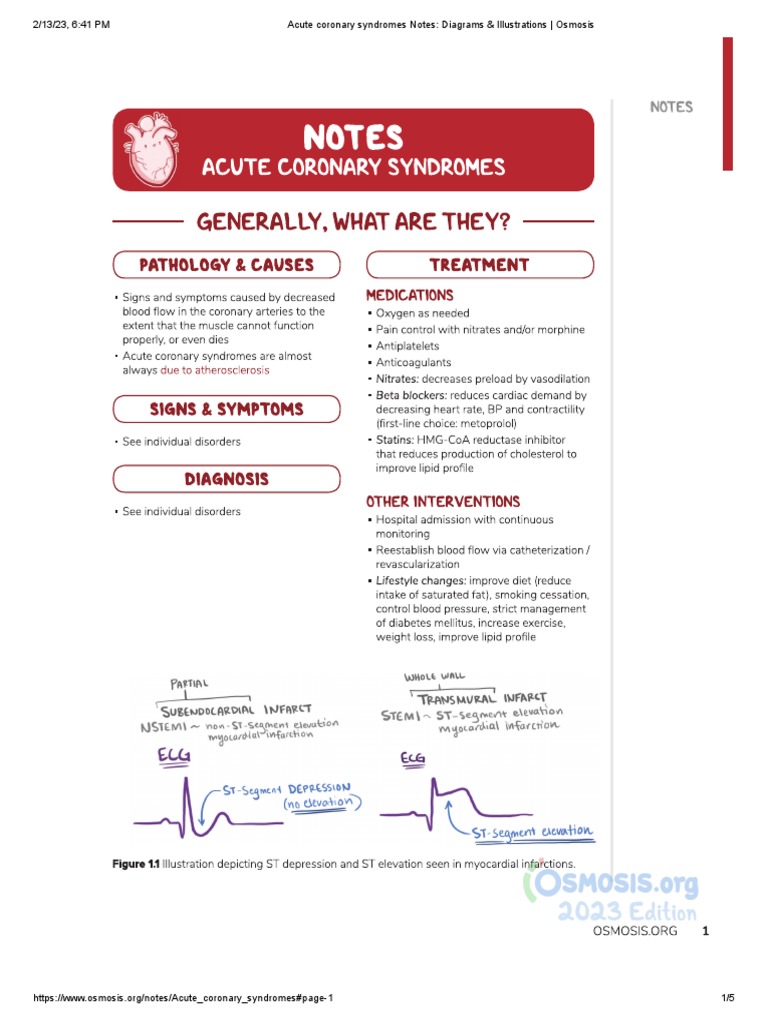 Acute Coronary Syndromes Notes - Diagrams & Illustrations - Osmosis | PDF