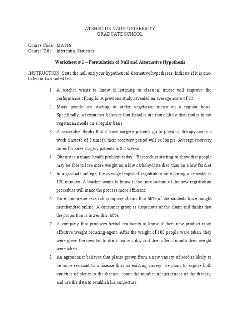 Null and Alternative Hypothesis Worksheet | PDF | Null Hypothesis ...