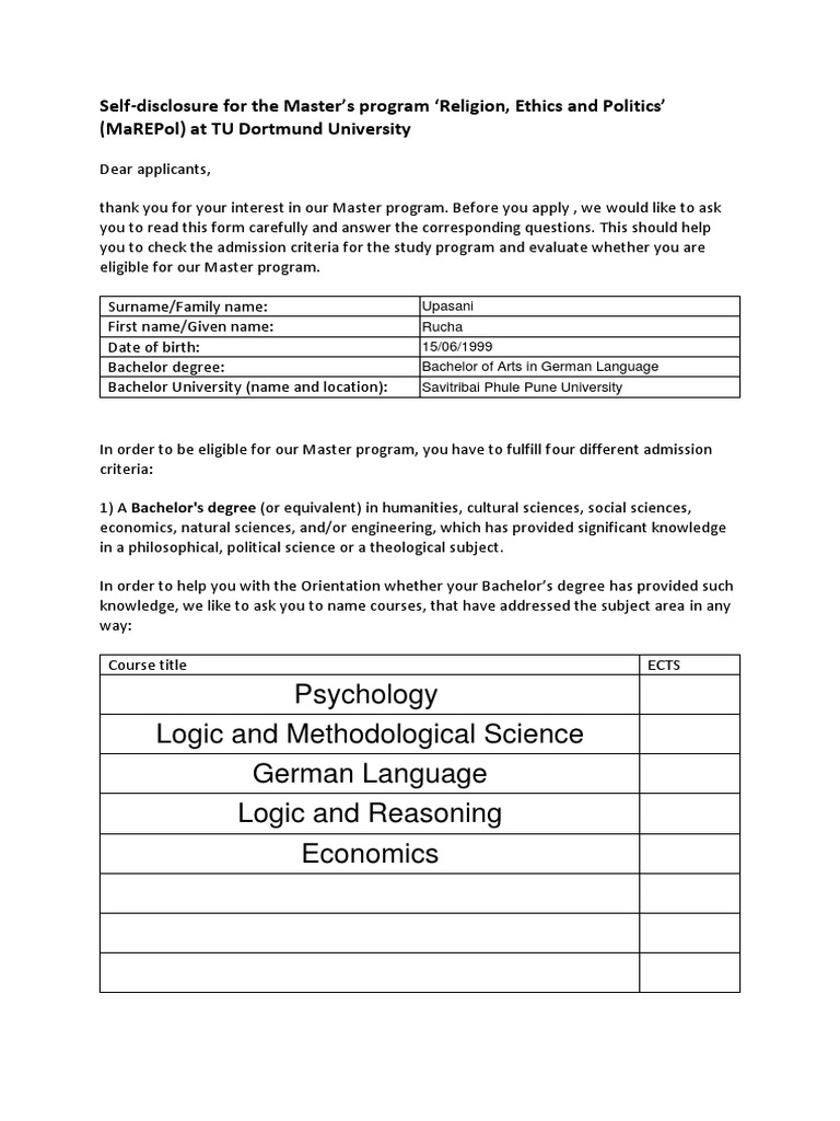 Master's program self-disclosure for MaREPol at TU Dortmund | PDF | Academic Degree | Master's ...