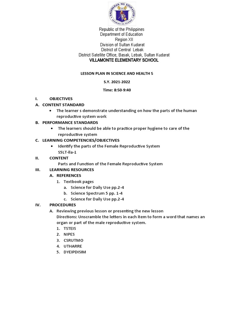 Lesson Plan | PDF | Reproductive System | Reproduction